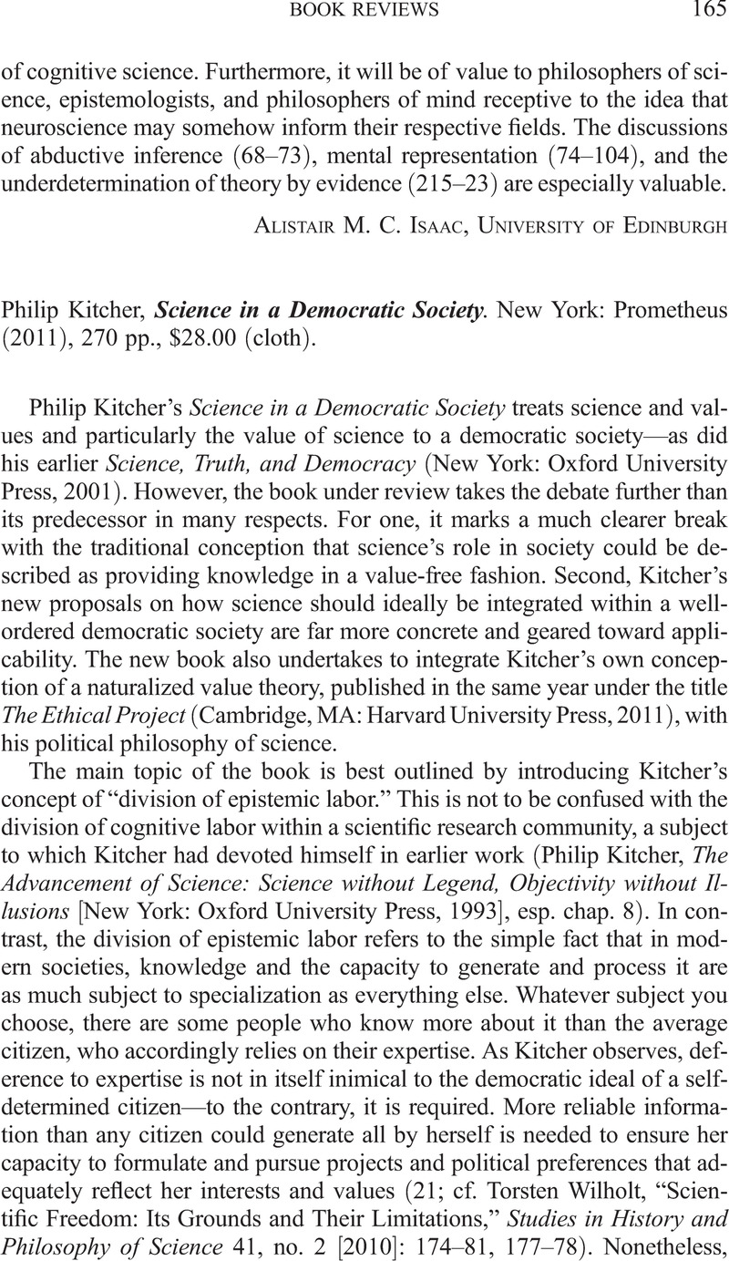 Philip Kitcher, Science in a Democratic Society. New York: Prometheus ...