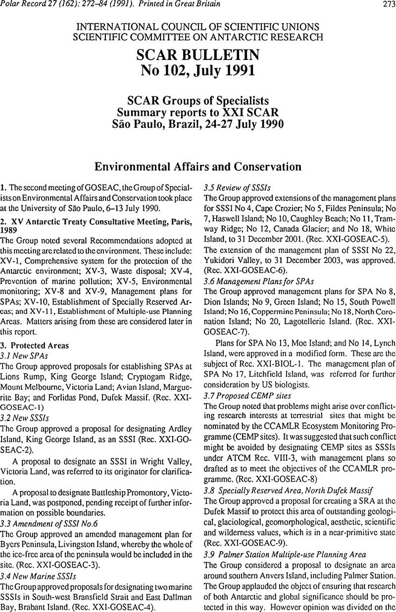 SCAR Groups of Specialists Summary reports to XXI SCAR São Paulo ...