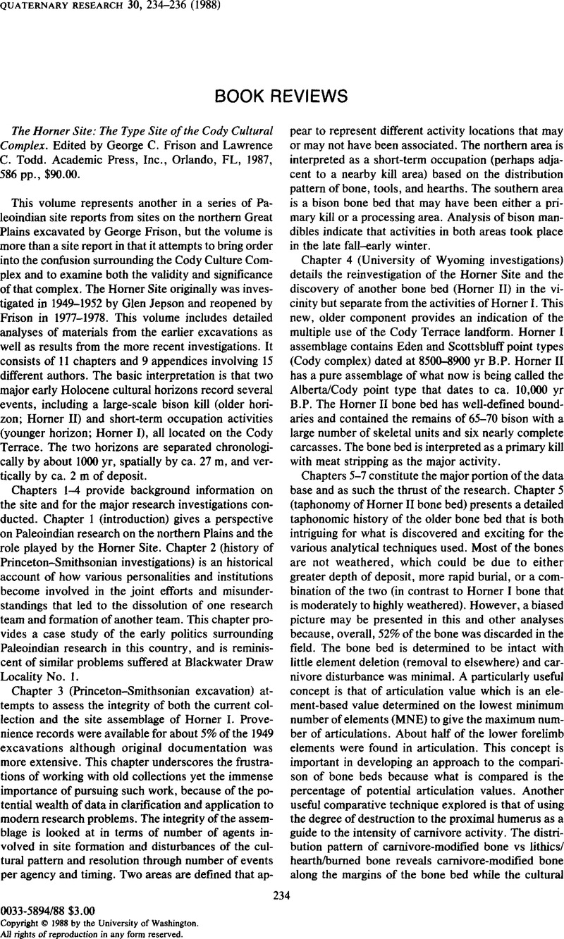 The Horner Site: The Type site of the Cody Cultural Complex. Edited by ...