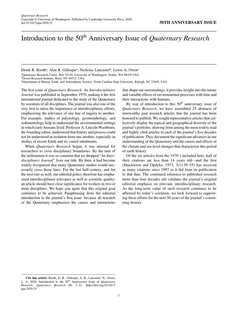 Introduction to the 50th Anniversary Issue of Quaternary Research ...