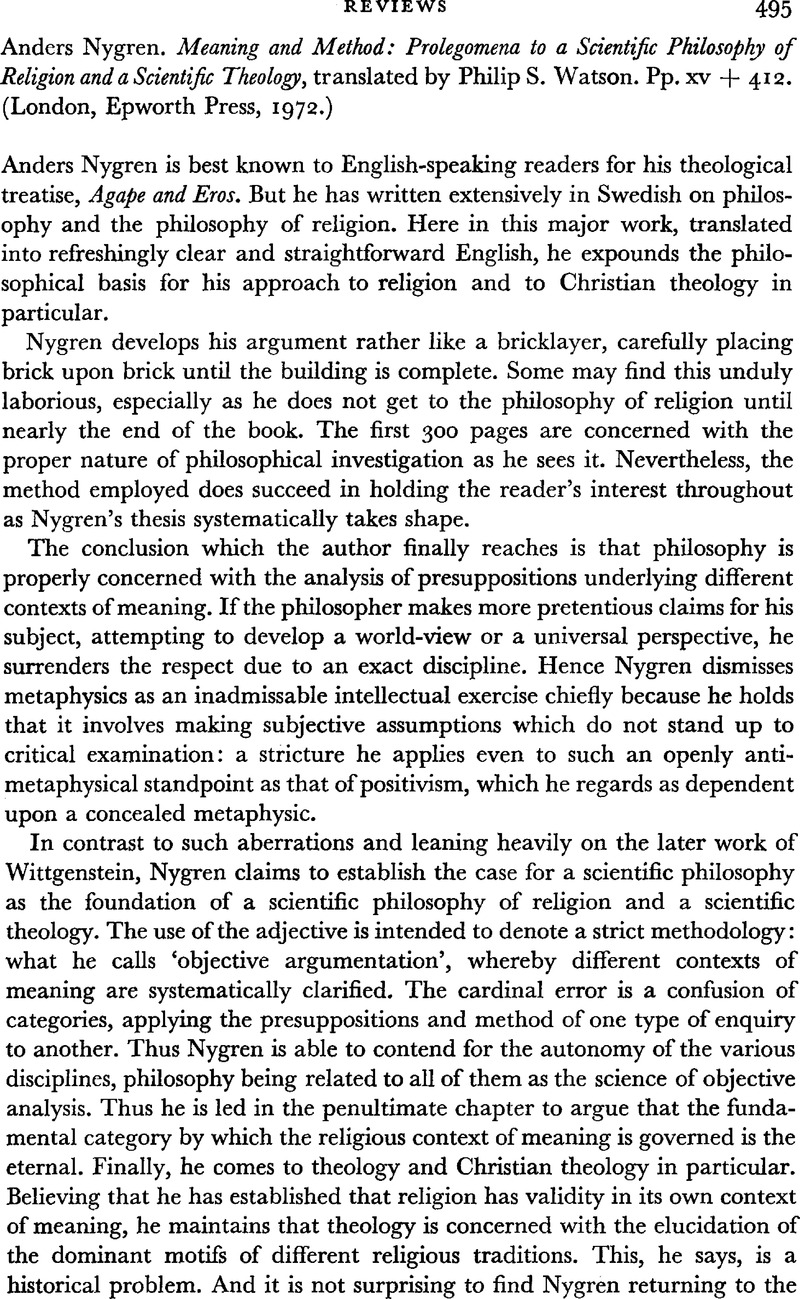 Anders Nygren. Meaning and Method: Prolegomena to a Scientific ...