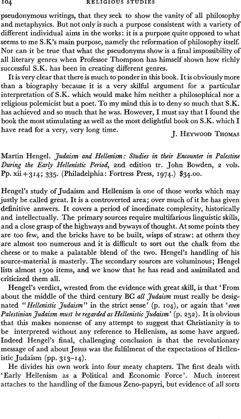 Martin Hengel. Judaism and Hellenism: Studies in their Encounter in ...