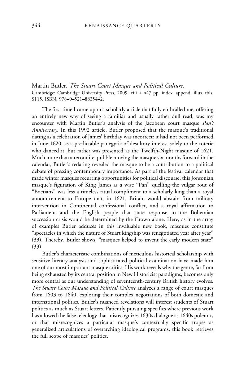 Martin Butler. The Stuart Court Masque and Political Culture. Cambridge ...