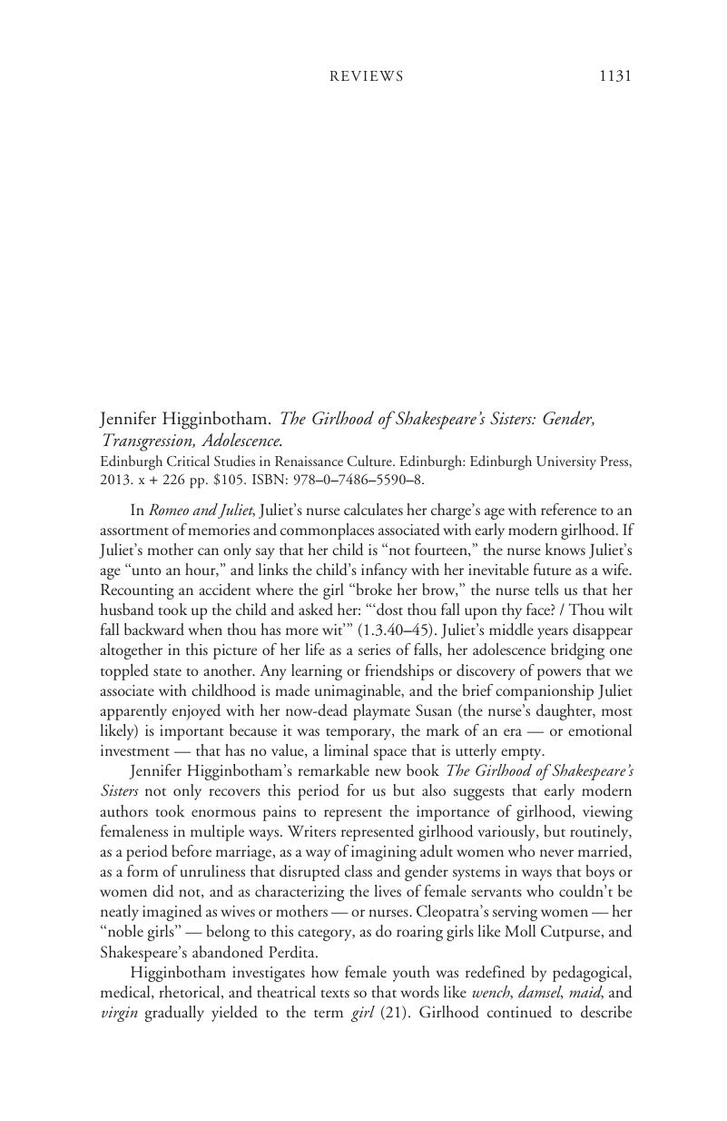 Jennifer Higginbotham. The Girlhood of Shakespeare’s Sisters: Gender ...