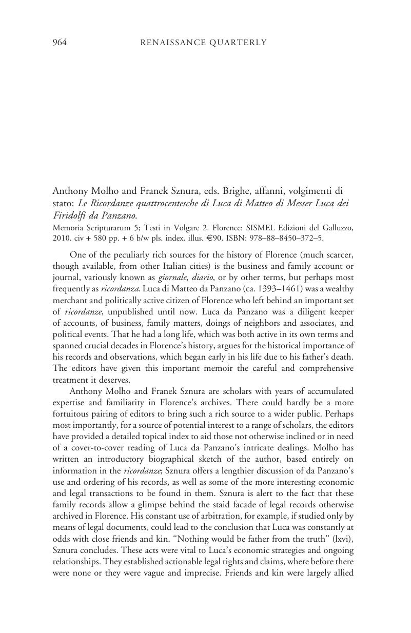 Anthony Molho and Franek Sznura, eds. Brighe, affanni, volgimenti di ...