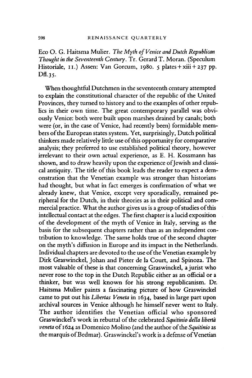 Eco O. G. Haitsma Mulier. The Myth of Venice and Dutch Republican ...