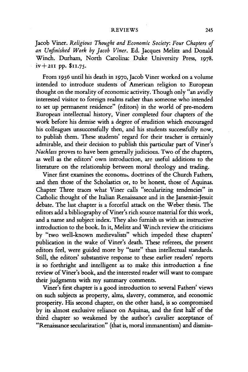 Jacob Viner. Religious Thought and Economic Society: Four Chapters of ...