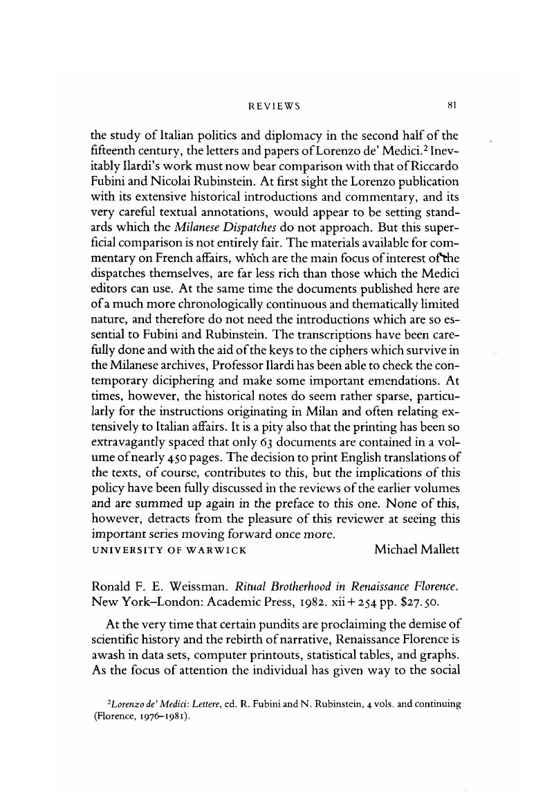 Ronald F. E. Weissman. Ritual Brotherhood in Renaissance Florence. New ...