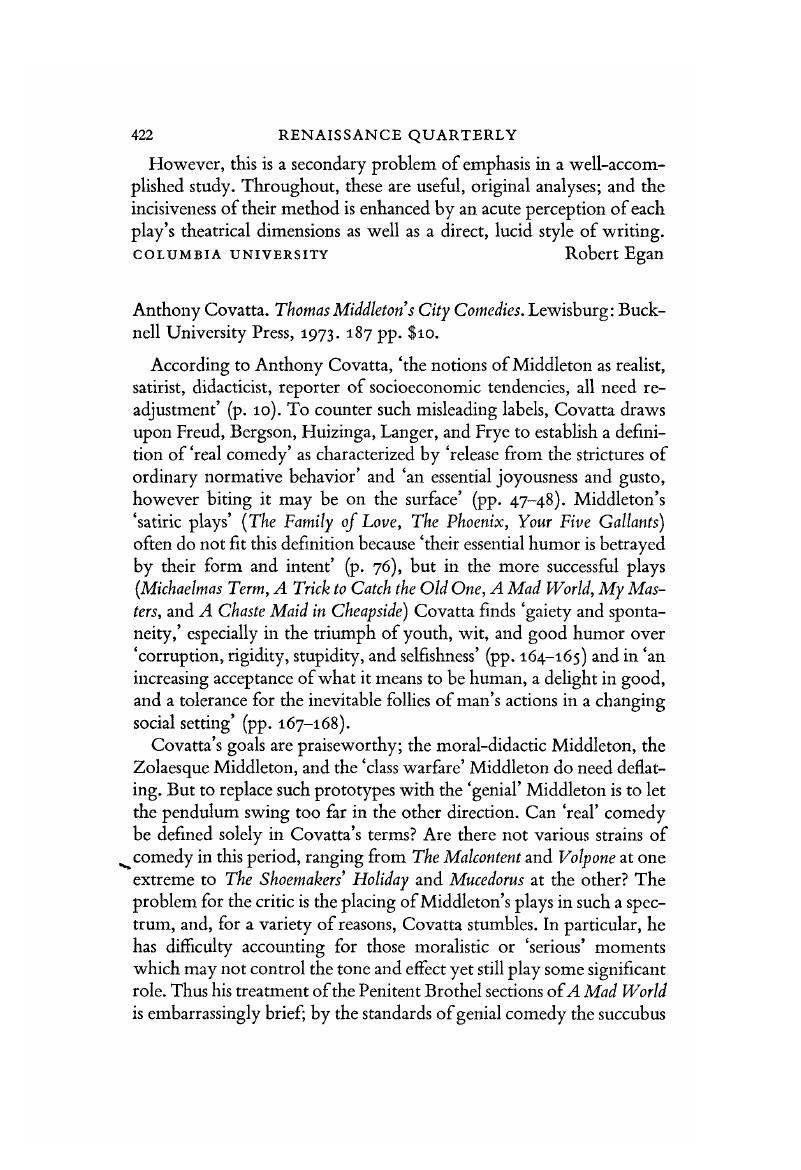 Anthony Covatta. Thomas Middleton's City Comedies. Lewisburg: Bucknell ...