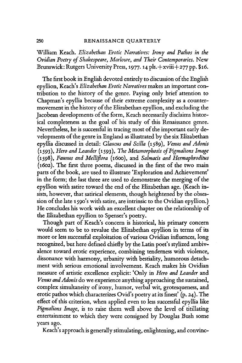 William Keach. Elizabethan Erotic Narratives: Irony and Pathos in the ...