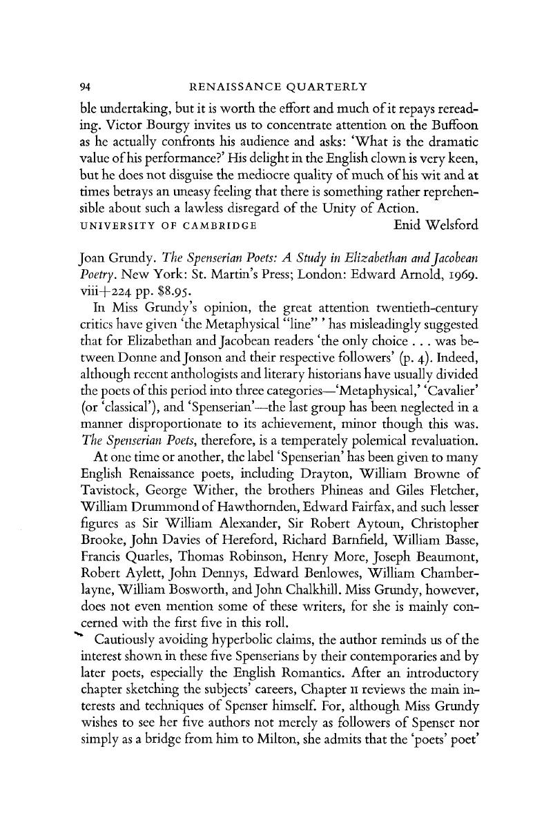 Joan Grundy. The Spenserian Poets: A Study in Elizabethan and Jacobean ...