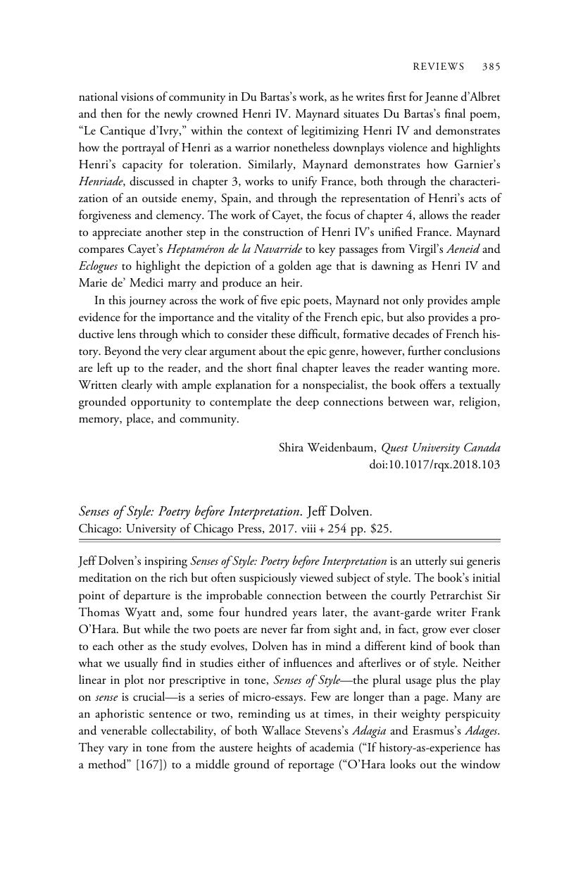 Senses of Style: Poetry before Interpretation. Jeff Dolven. Chicago ...