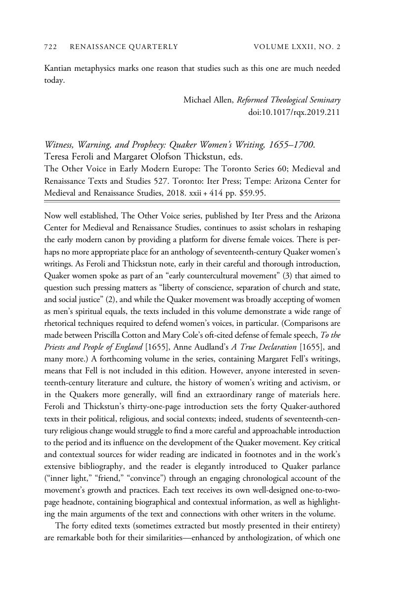 Witness, Warning, and Prophecy: Quaker Women's Writing, 1655–1700 ...