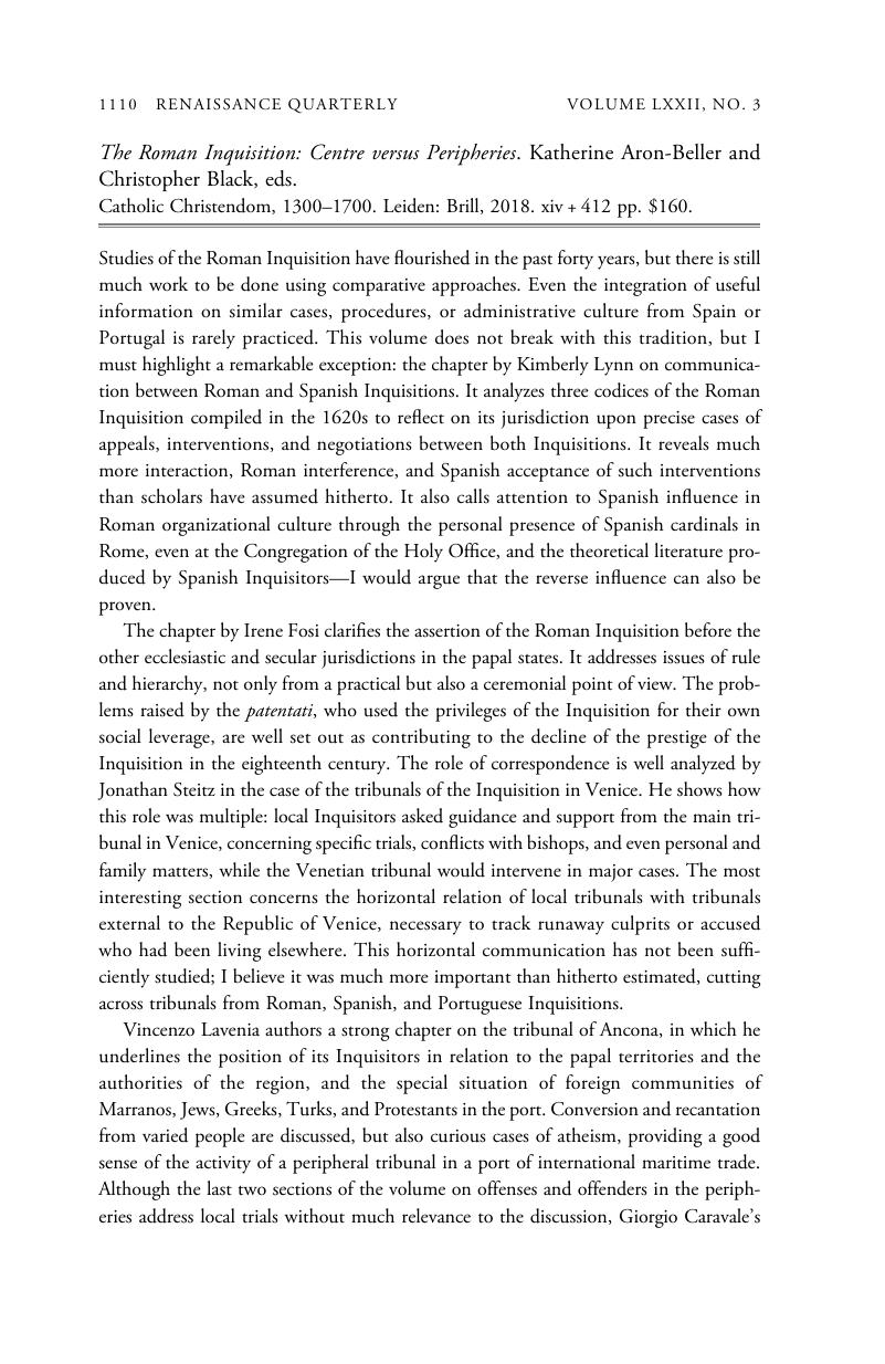 The Roman Inquisition: Centre versus Peripheries. Katherine Aron-Beller ...