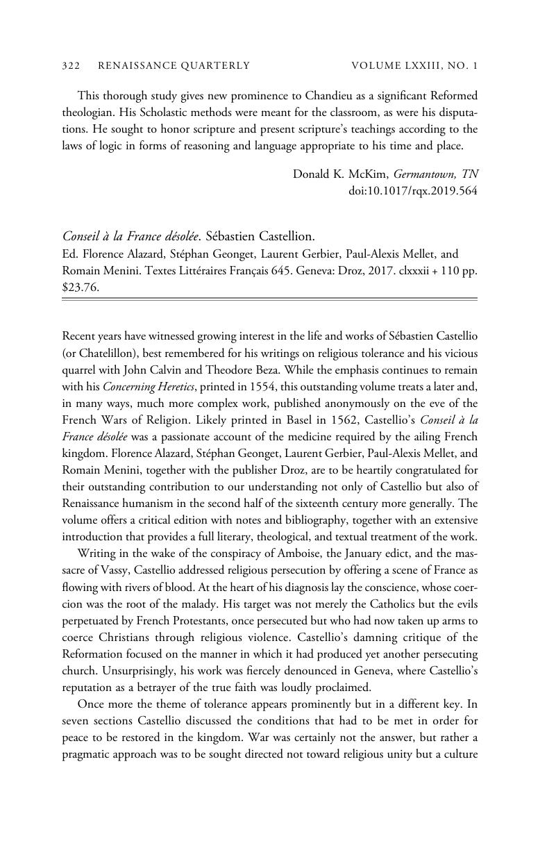 Conseil à la France désolée. Sébastien Castellion. Ed. Florence Alazard ...