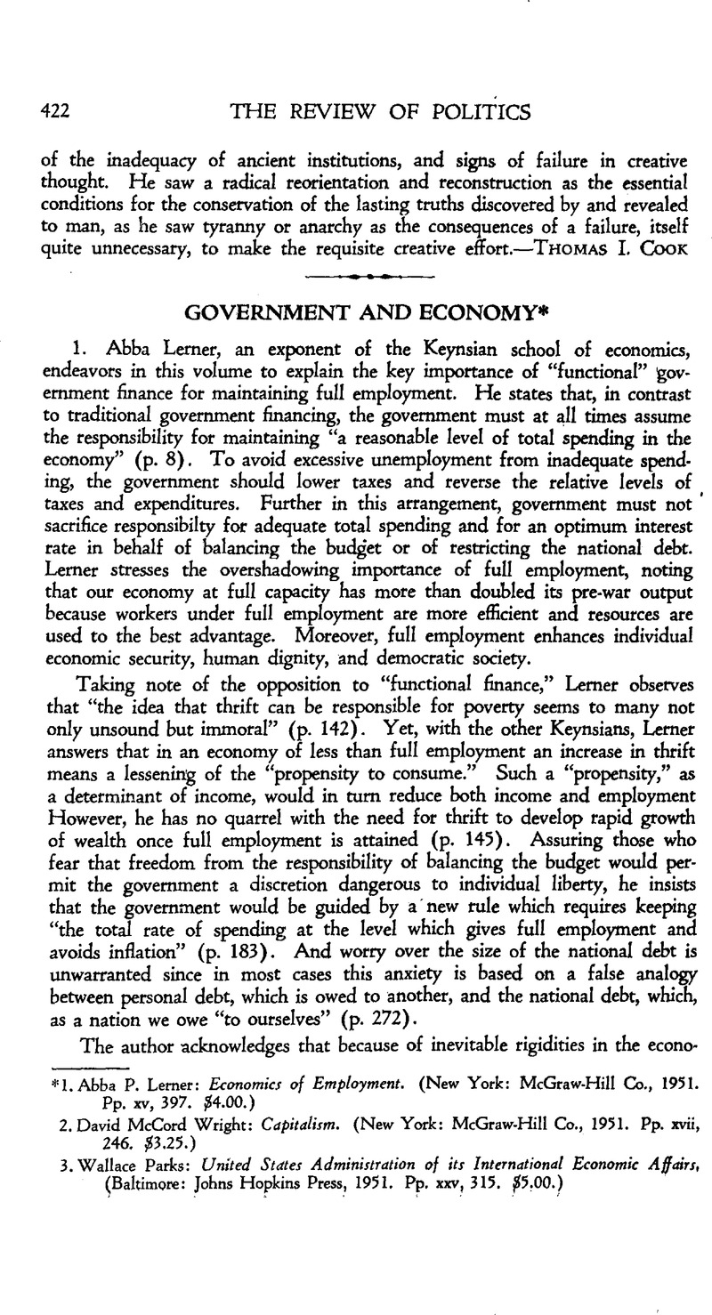Government and Economy - *1. Abba P. Lerner: Economics of Employment ...