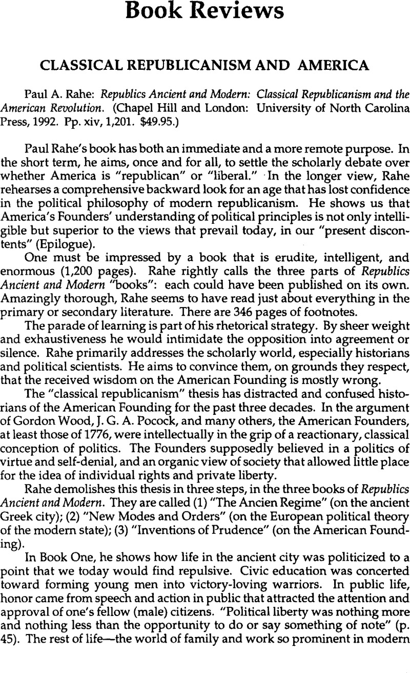 Classical Republicanism and America - Paul A. Rahe: Republics Ancient ...