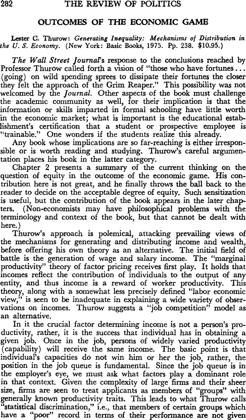 Outcomes of the Economic Game - Lester C. Thurow: Generating Inequality ...