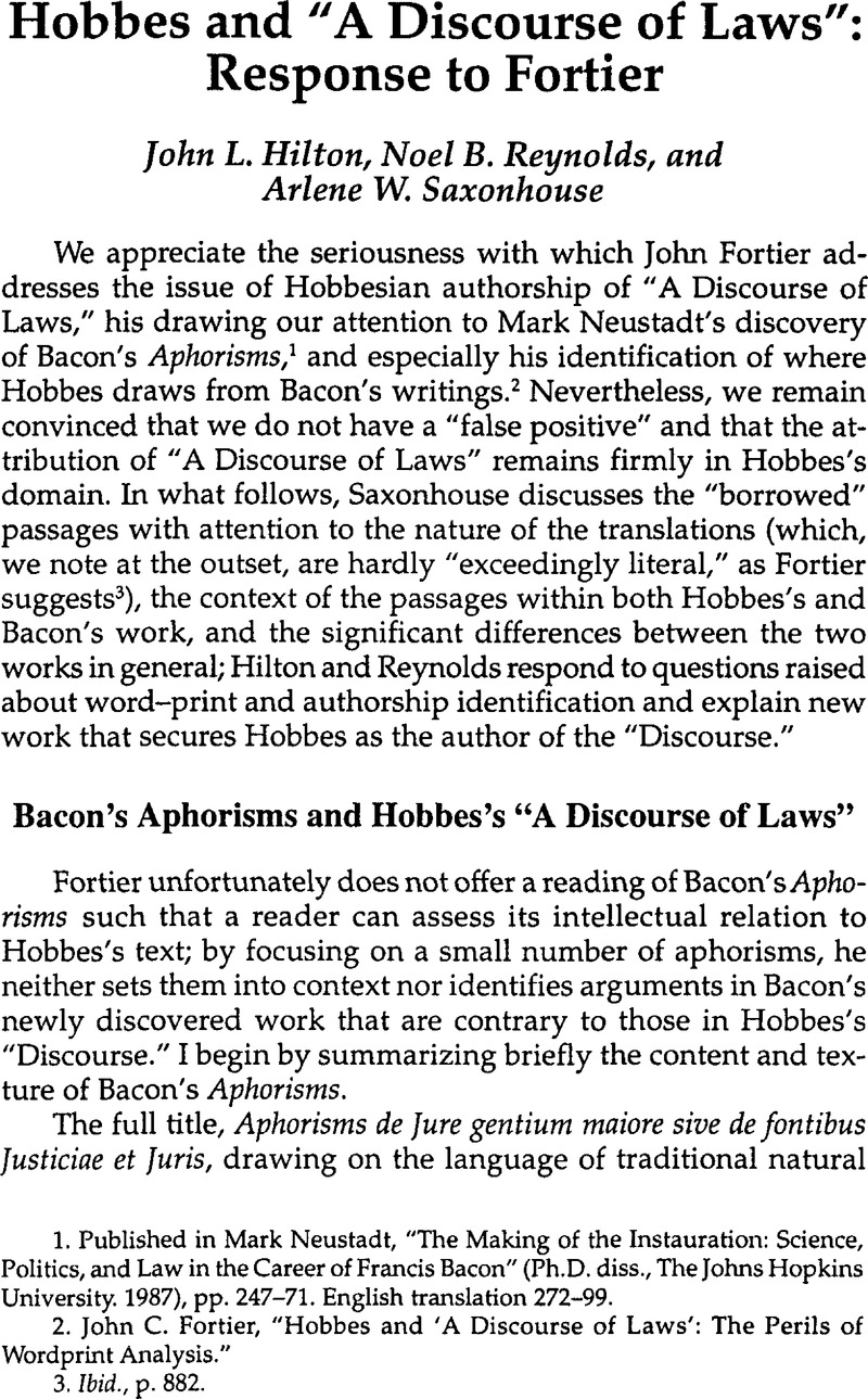 Hobbes and “A Discourse of Laws”: Response to Fortier | The Review of ...