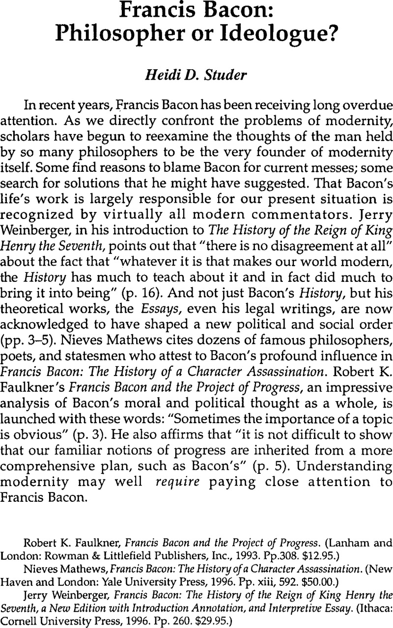 Francis Bacon: Philosopher or Ideologue? | The Review of Politics ...