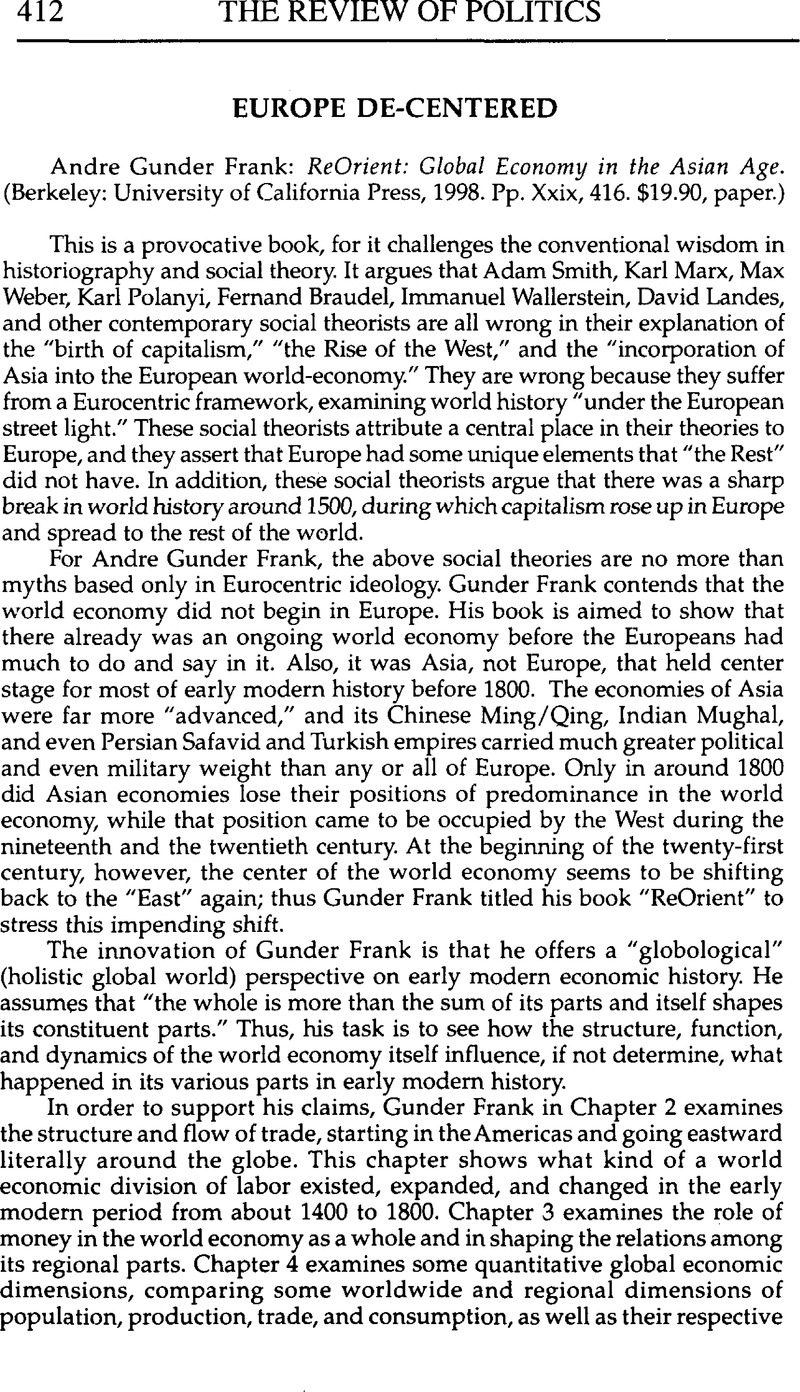 Europe De-Centered - Andre Gunder Frank: ReOrient: Global Economy in ...