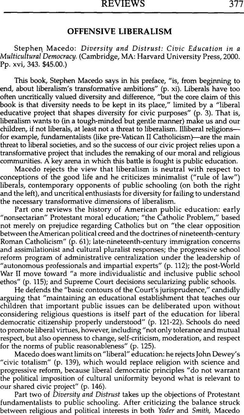 Offensive Liberalism - Stephen Macedo: Diversity and Distrust: Civic ...