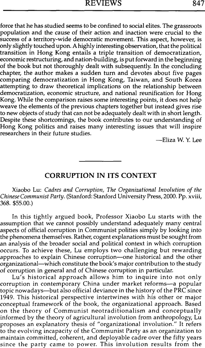 Corruption in its Context - Xiaobo Lu: Cadres and Corruption, The ...