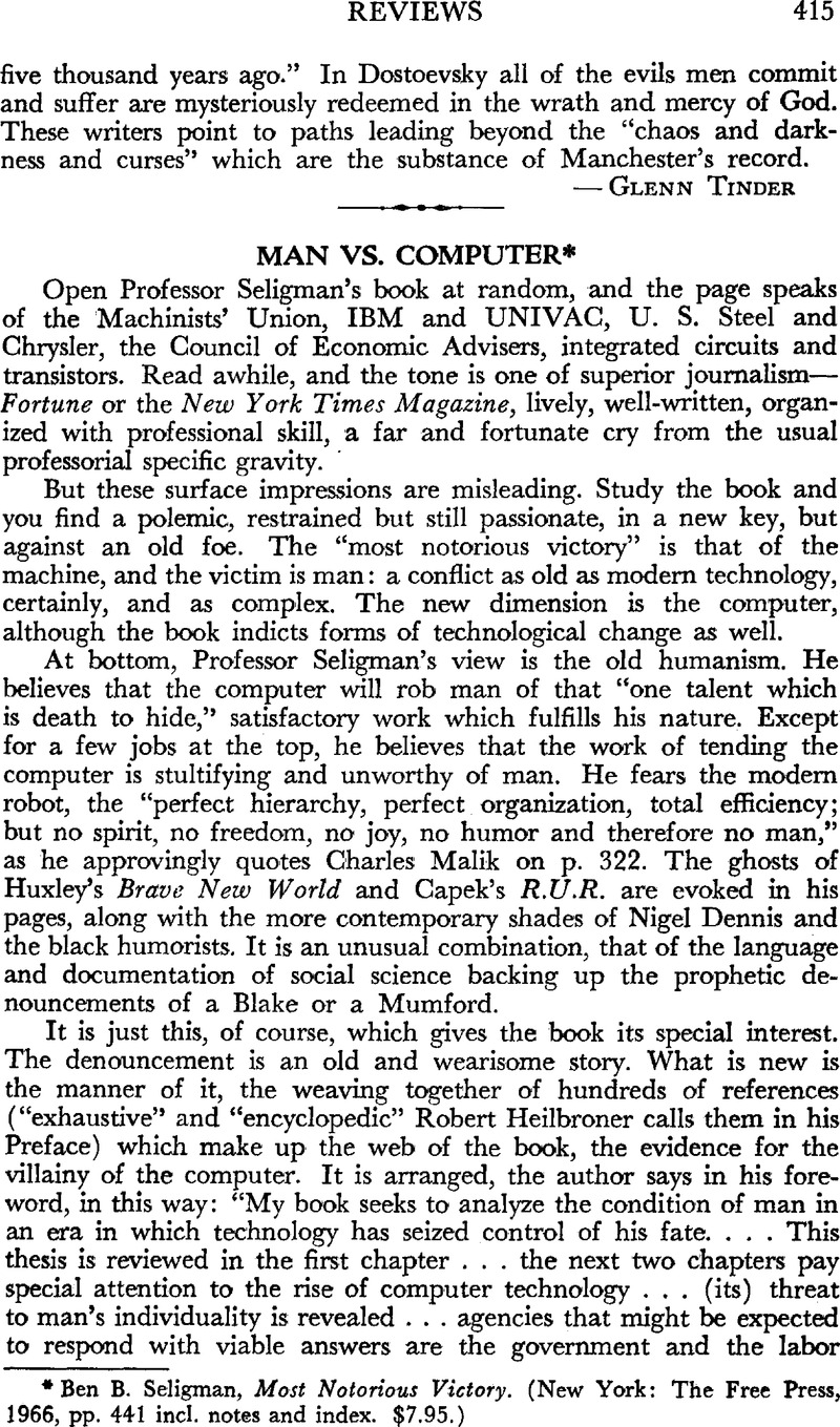 Man Vs. Computer - *Ben B. Seligman, Most Notorious Victory. (New York ...