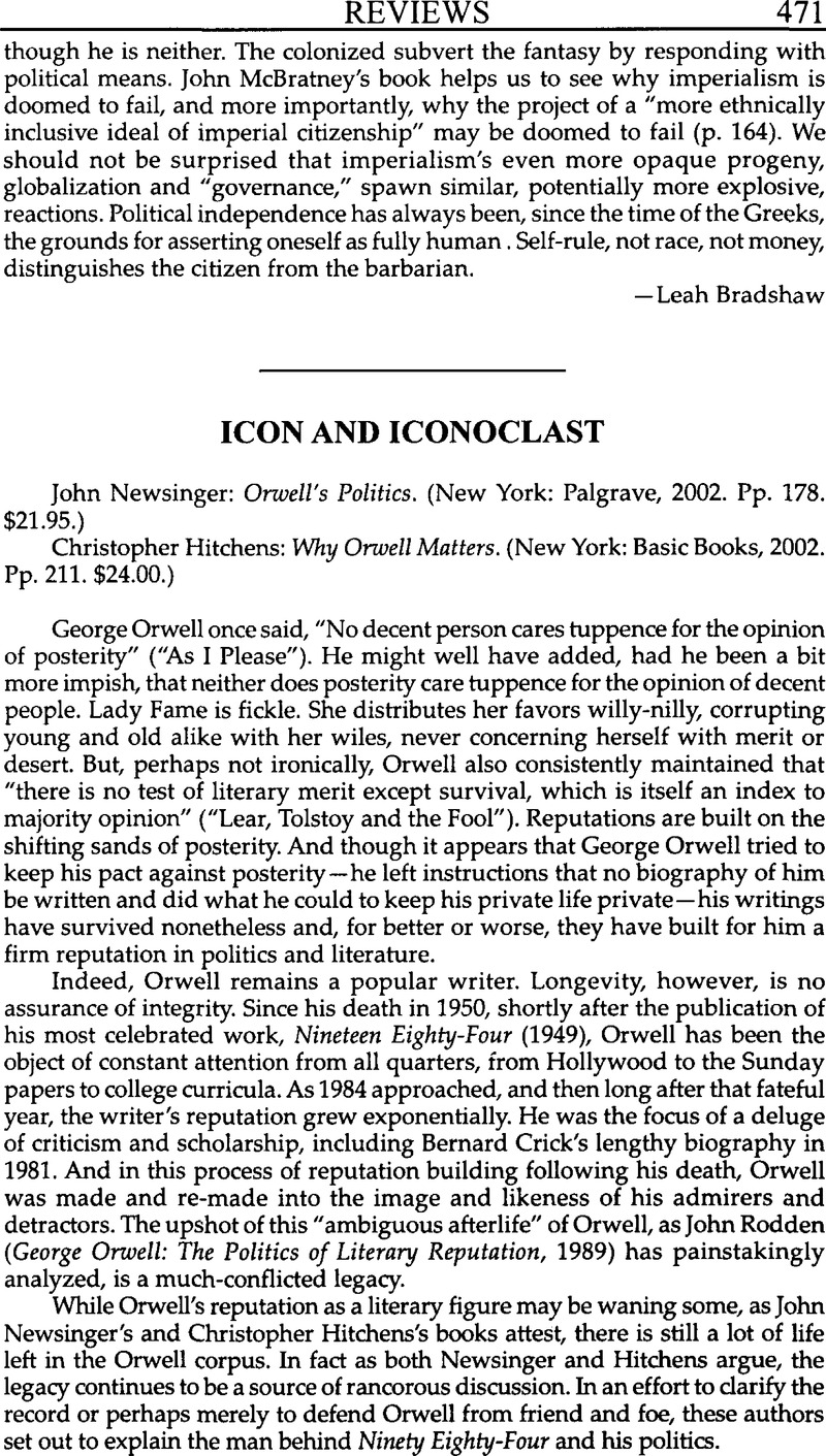 Icon and Iconoclast - John Newsinger: Orwell's Politics. (New York ...