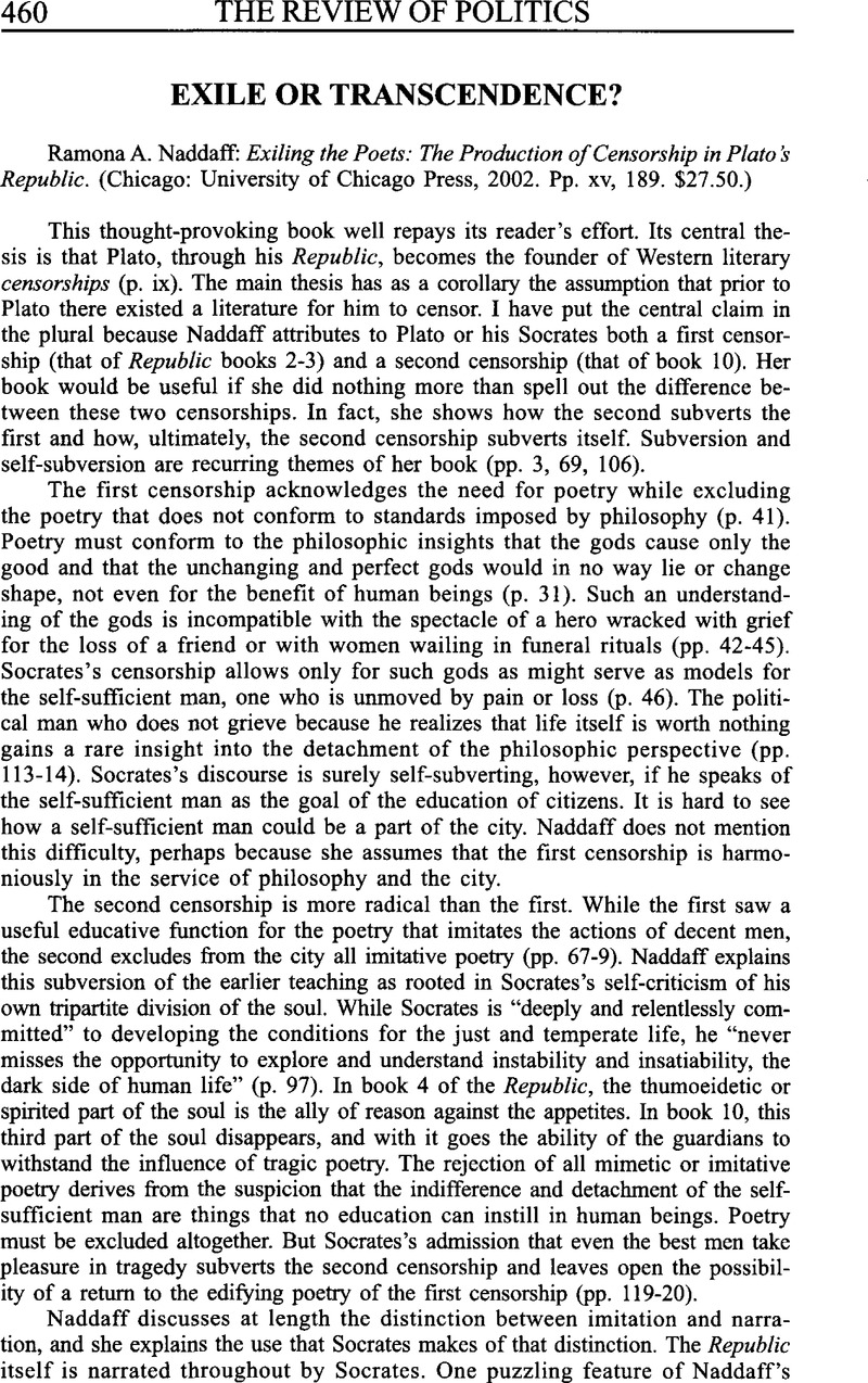 Exile or Transcendence? - Ramona A. Naddaff: Exiling the Poets: The ...