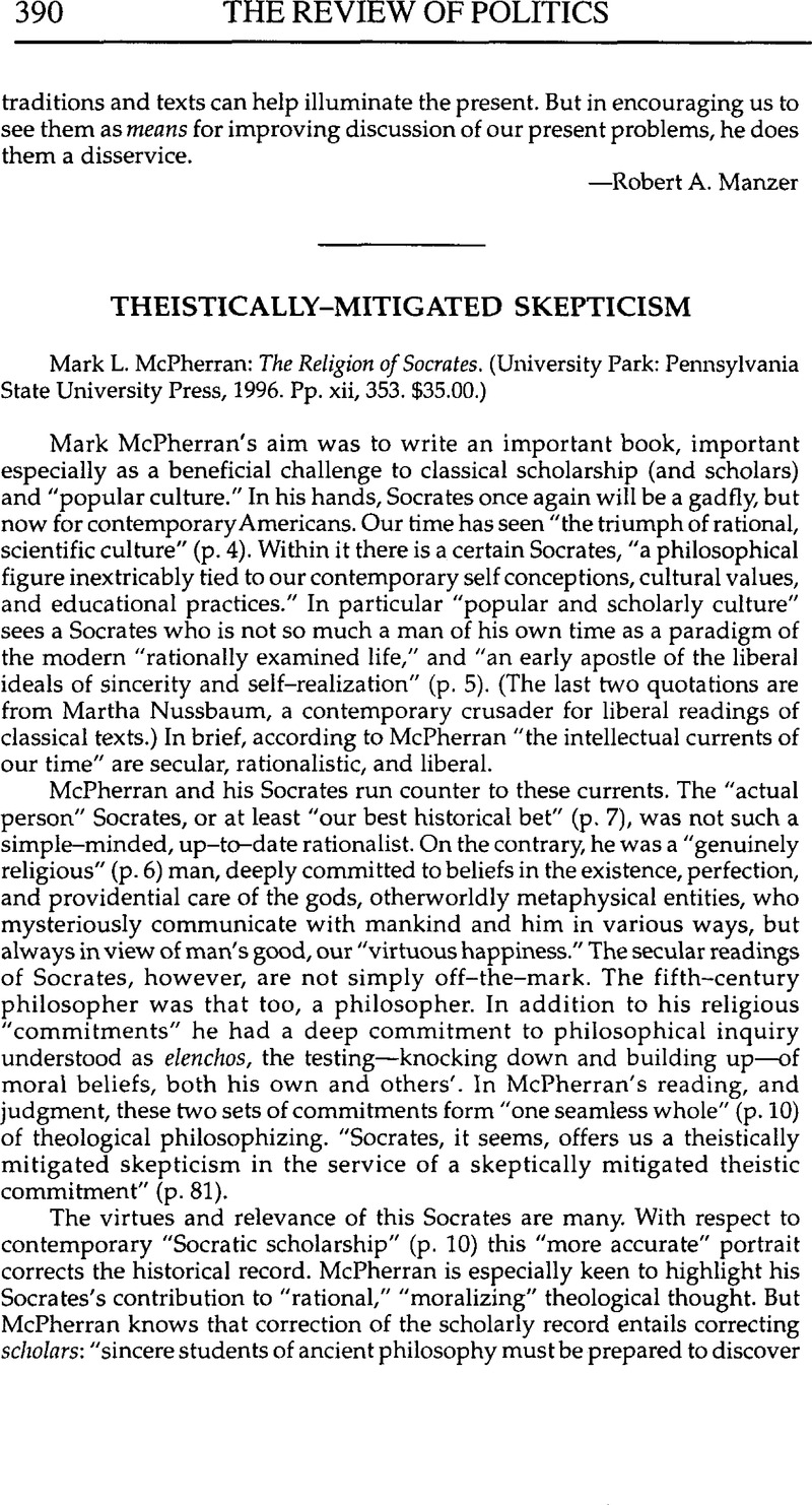 Theistically-Mitigated Skepticism - Mark L. McPherran: The Religion of ...