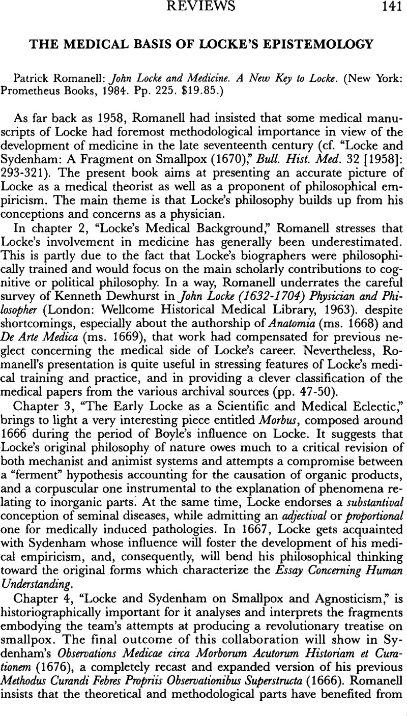 The Medical Basis of Locke's Epistemology - Patrick Romanell: John ...