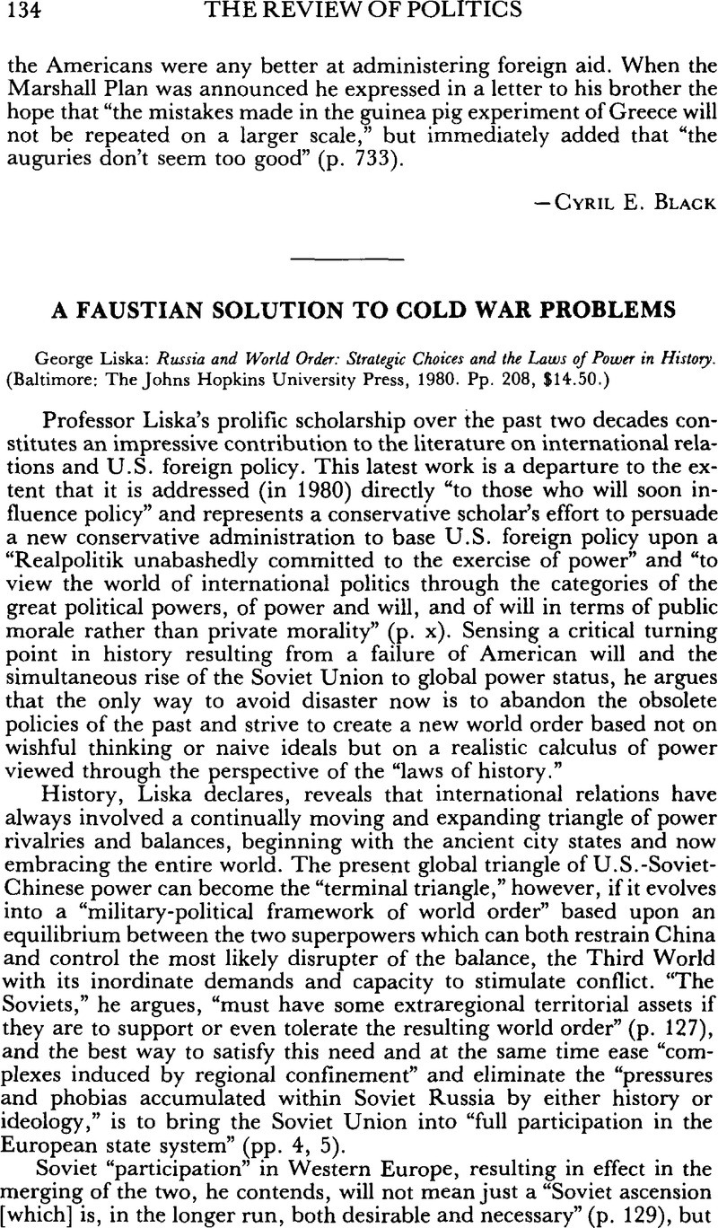 A Faustian Solution to Cold War Problems - George Liska: Russia and ...