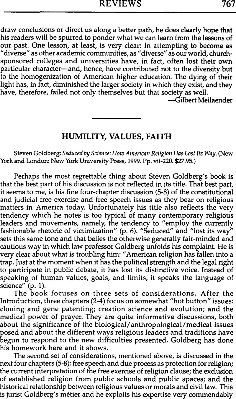 Humility, Values, Faith - Steven Goldberg: Seduced by Science: How ...