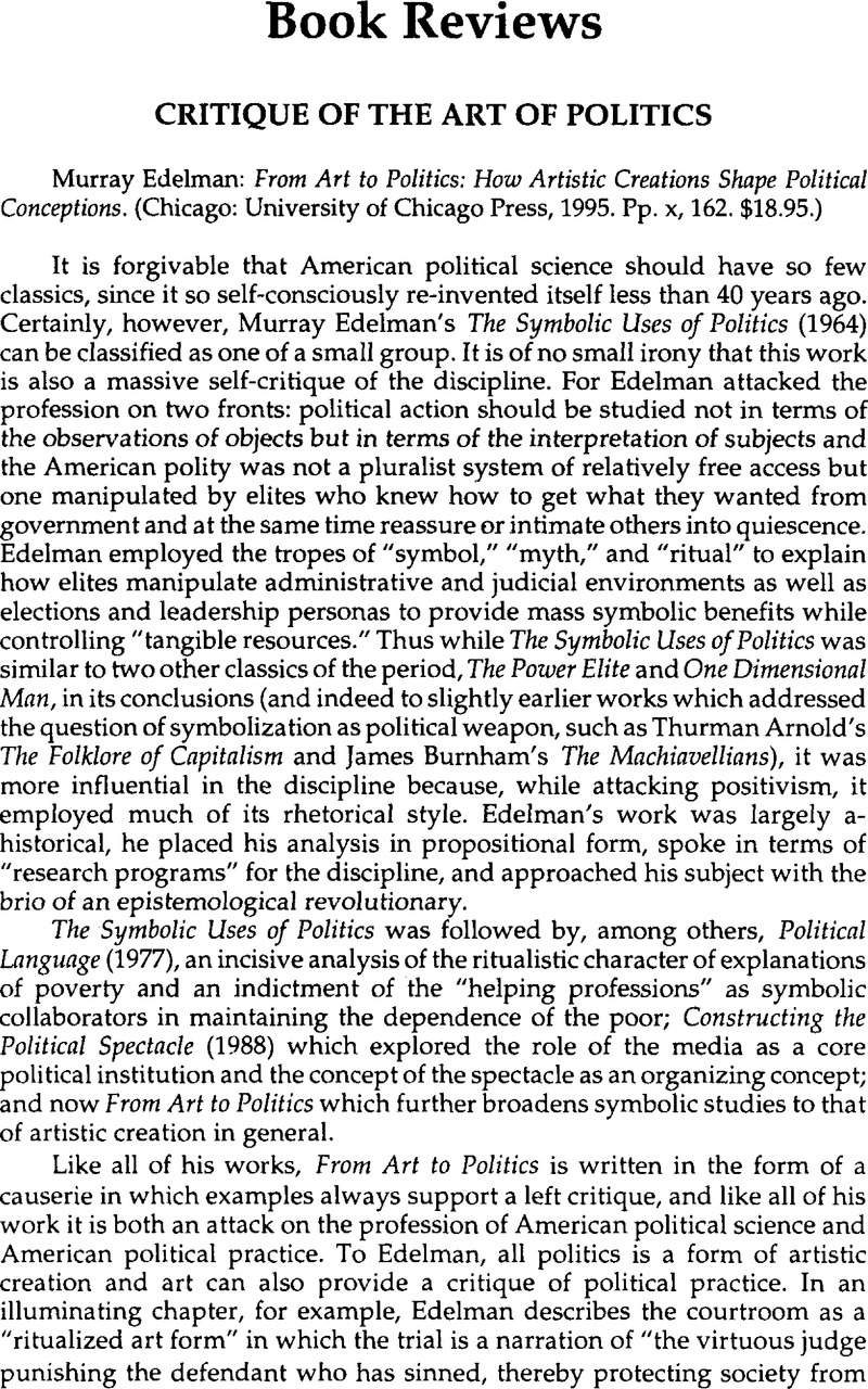 Critique of the Art of Politics - Murray Edelman: From Art to Politics ...