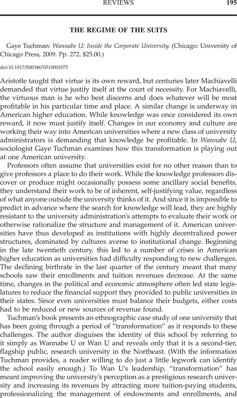 THE REGIME OF THE SUITS - Gaye Tuchman: Wannabe U: Inside the Corporate ...