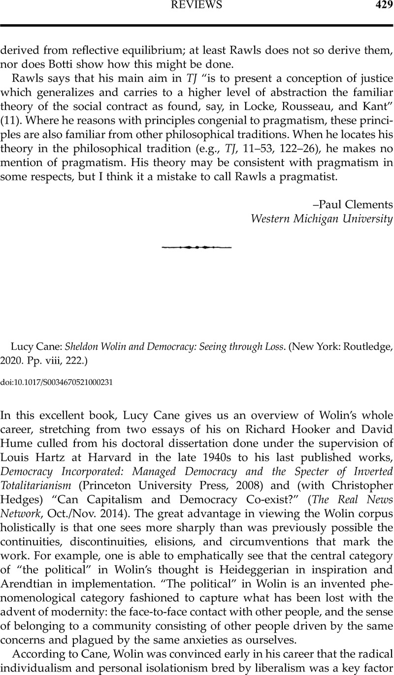 Lucy Cane: Sheldon Wolin and Democracy: Seeing through Loss. (New York ...