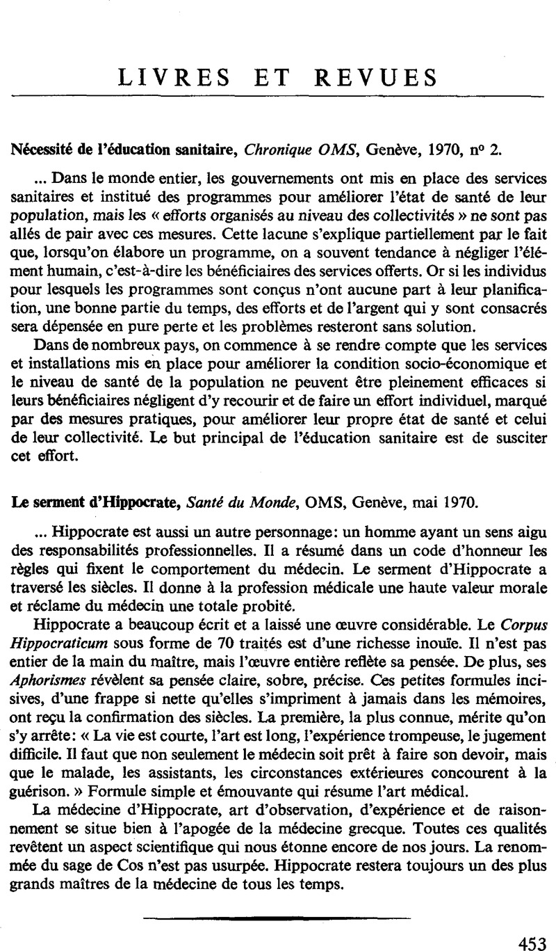 Le serment d'Hippocrate, Santé du Monde, OMS, Genève, mai 1970 ...