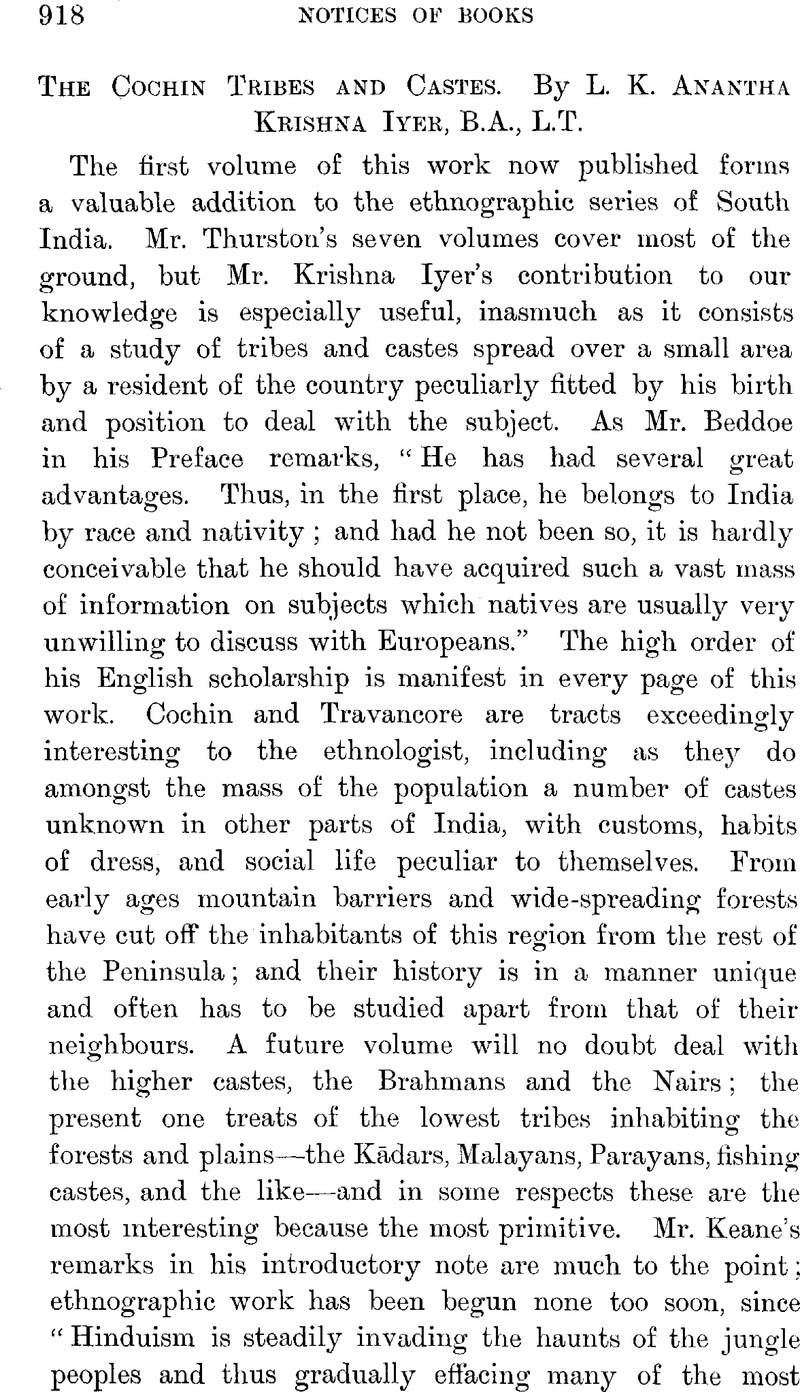The Cochin Tribes and Castes. By L. K. Anantha Krishna Iyer B.A., L.T ...