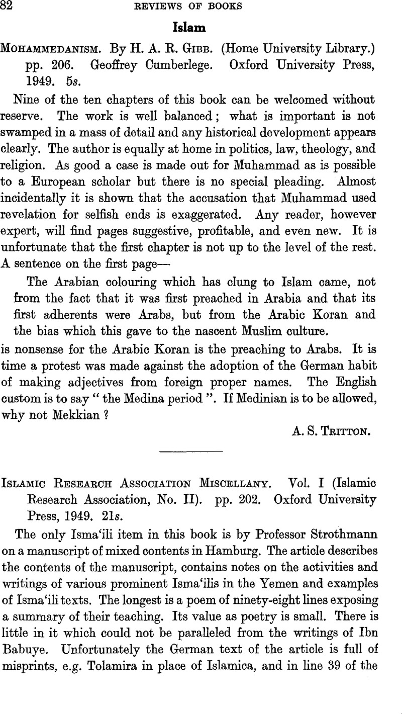 Mohammedanism. By H. A. R. Gibb. (Home University Library.) pp. 206 ...