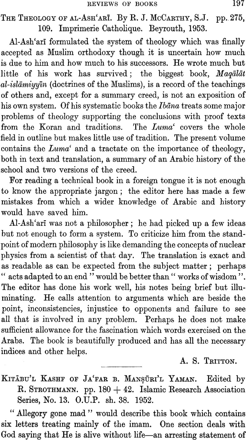 The Theology of al-Ash'arā. By R. J. McCarthy, S.J. pp. 275, 109 ...