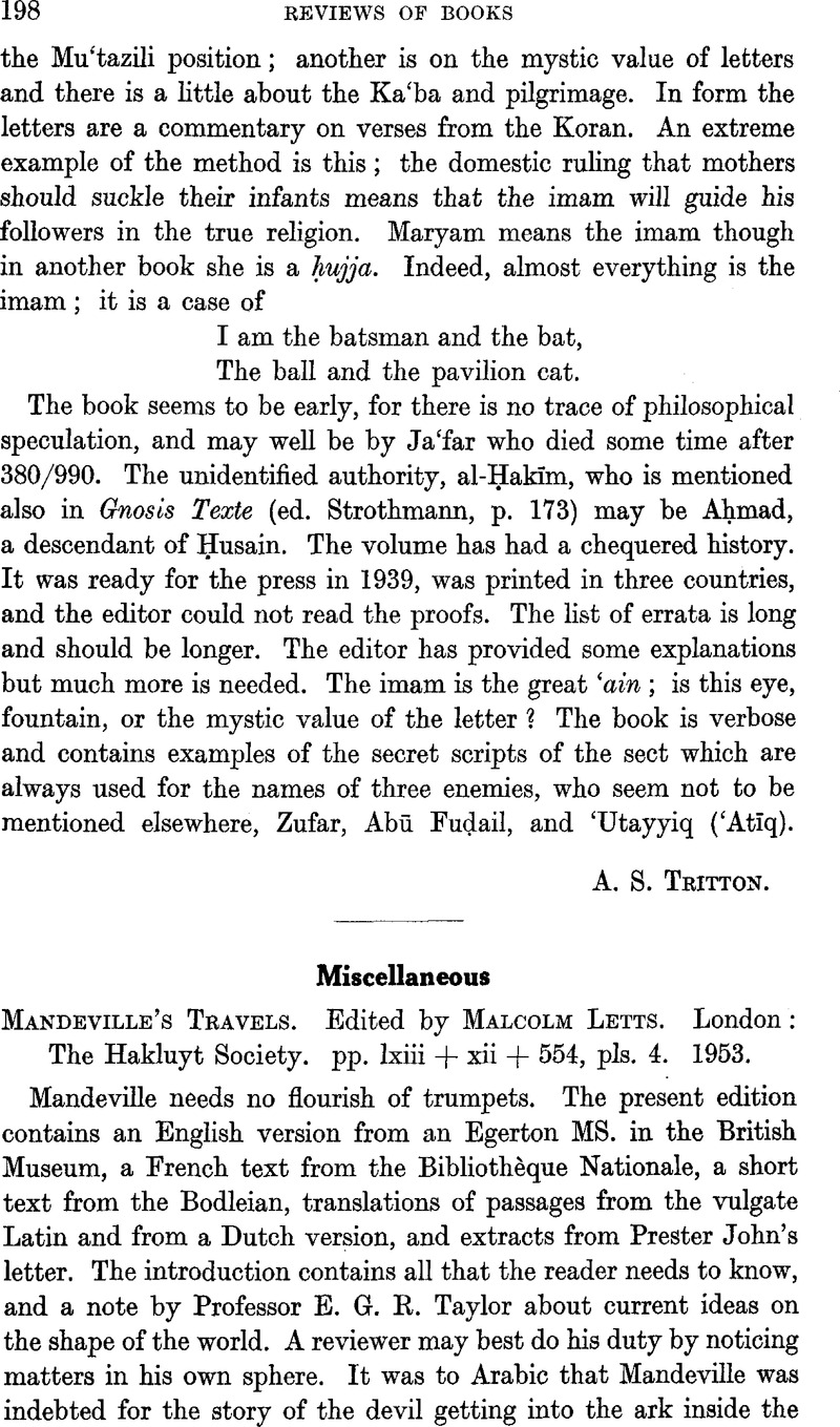 Mandeville's Travels. Edited by Malcolm Letts. London: The Hakluyt Society, pp. lxiii + xii ...