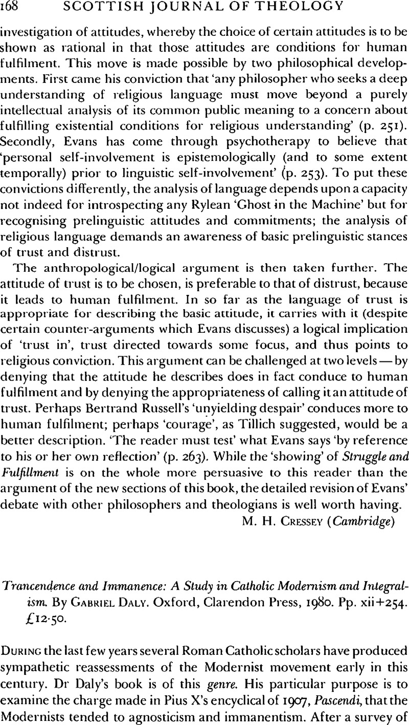 Trancendence and Immanence: A Study in Catholic Modernism and ...