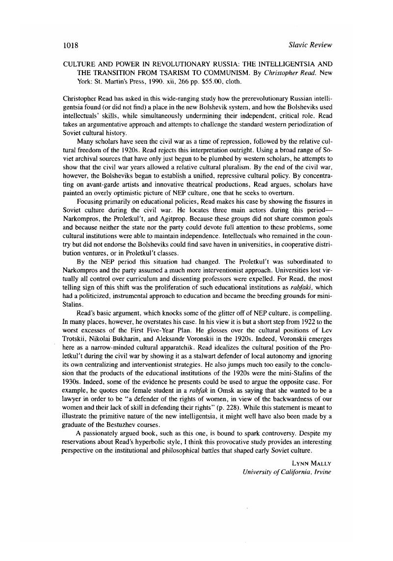 Culture and Power in Revolutionary Russia: The Intelligentsia and the Transition From Tsarism to ...