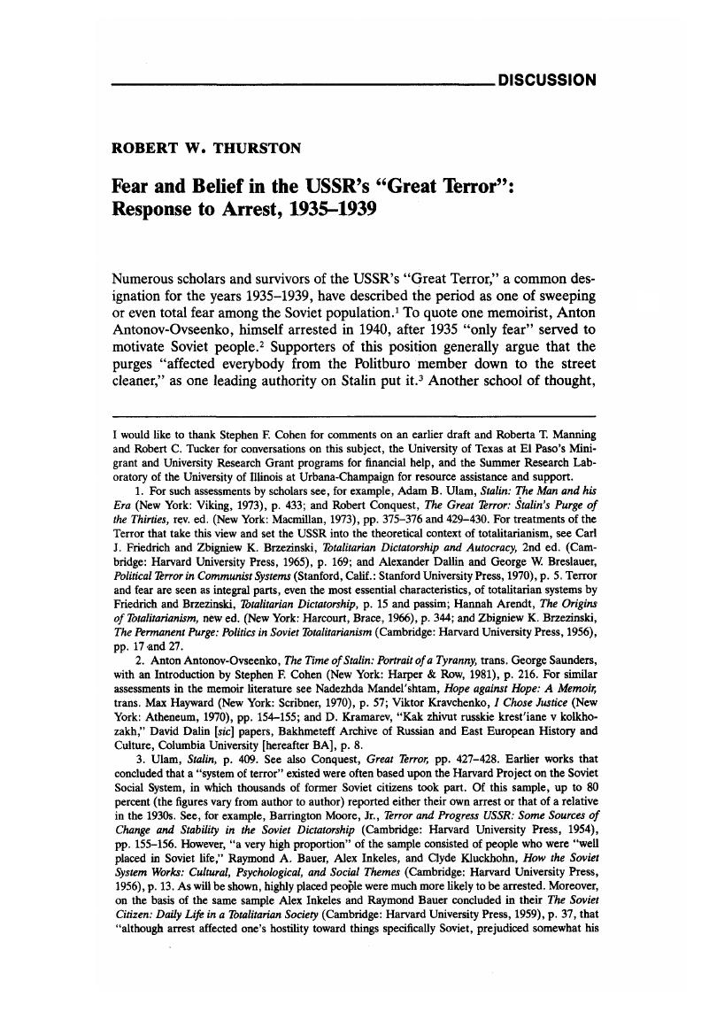 Fear and Belief in the USSR's “Great Terror”: Response to Arrest, 1935 ...