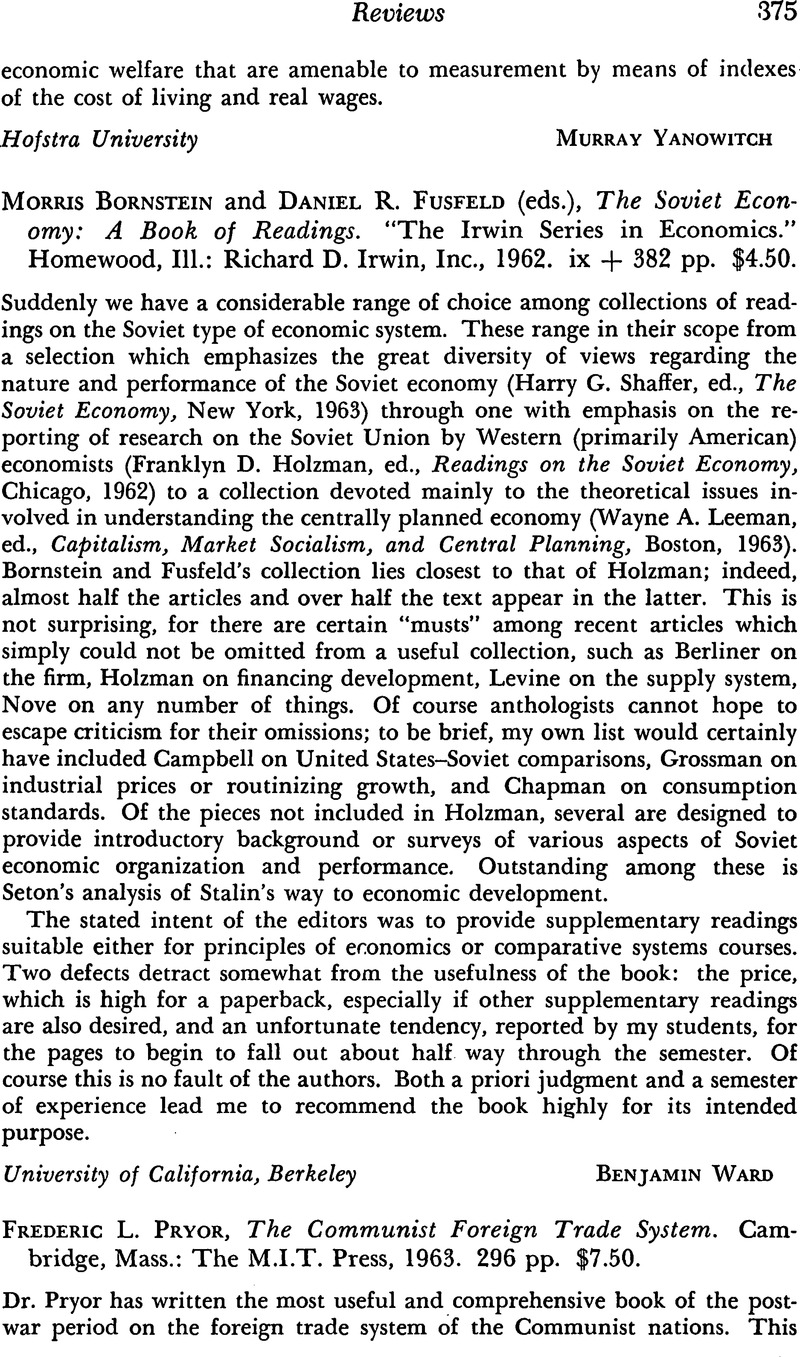 Frederic L. Pryor, The Communist Foreign Trade System. Cambridge, Mass ...
