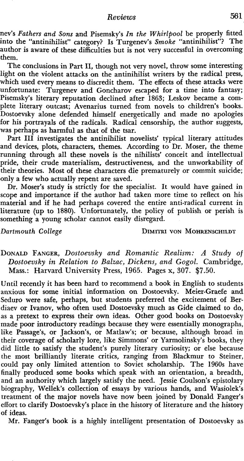 Donald Fanger, Dostoevsky and Romantic Realism: A Study of Dostoevsky ...