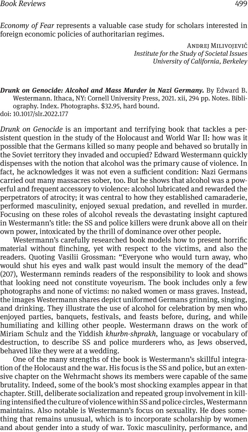 Drunk on Genocide: Alcohol and Mass Murder in Nazi Germany. By Edward B ...