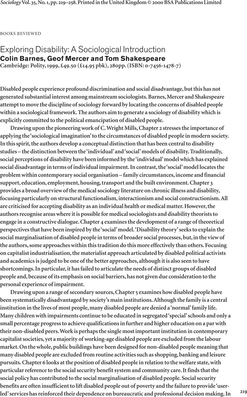 Exploring Disability: A Sociological Introduction. Colin Barnes, Geof ...