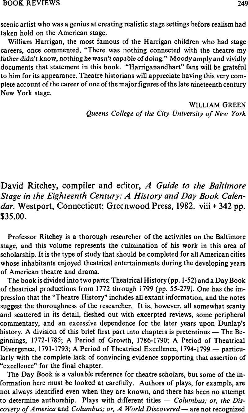 David Ritchey, compiler and editor, A Guide to the Baltimore Stage in ...